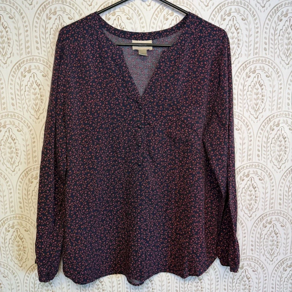 LOFT | Tops | Loft Womens Navy Blue Pink Anchor Print Long Sleeve ...